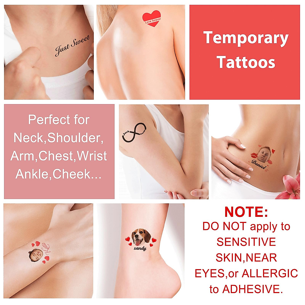 Custom Temporary Tattoos Personalized Tattoos with Photo Face Name Logo Customized for Adults Kids Women Men Gift Wedding Birthday Xmas Bachelorette Party Graduation Decor Text