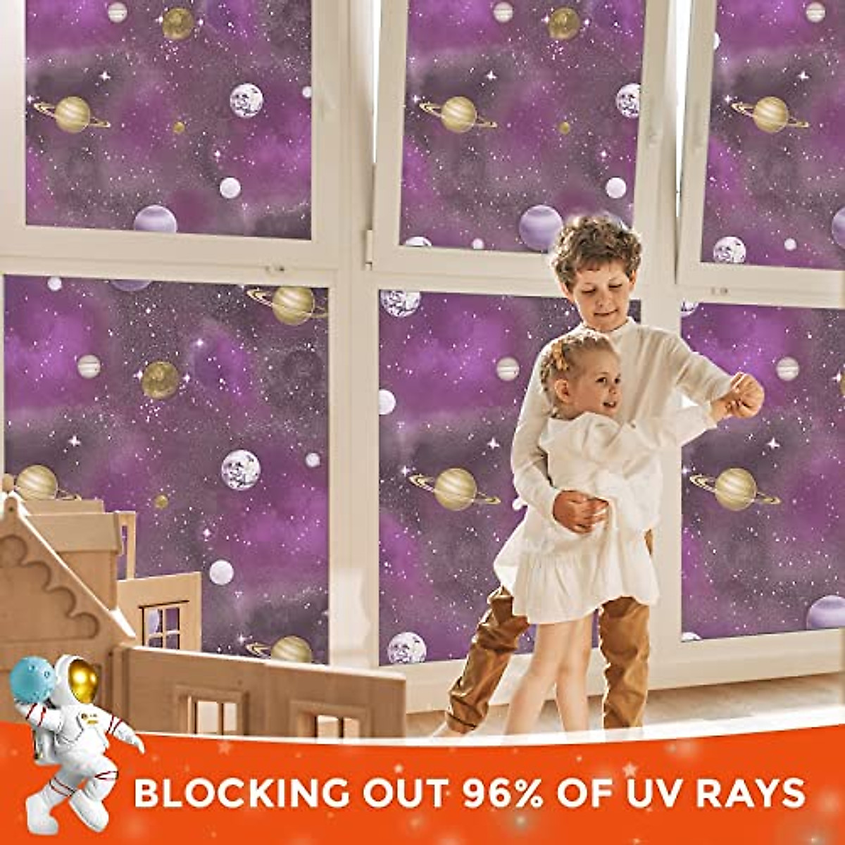 Viseeko Window Privacy Film: Frosted Window Clings Space Planet Pattern Window Decals Static Cling Window Sticker Non-Adhesive for Kids Room Home Office(Purple, 17.5x78.7Inches)