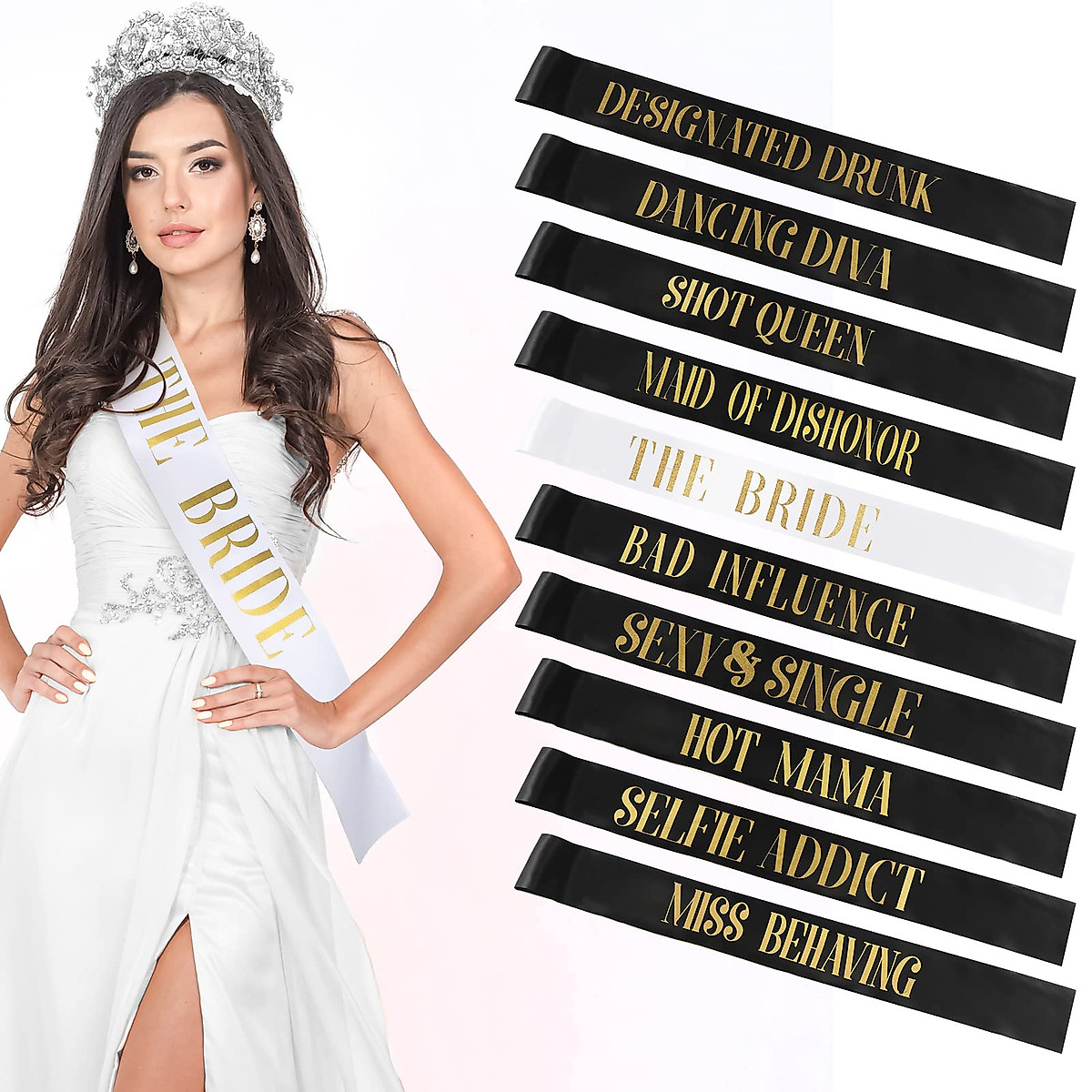 LEIFIDE 10 Pack Bride Sash and Bridesmaid Sash Set Bachelorette Party Sashes Bridal Shower Decorations Bride Gifts Team Sash for Bride Bridesmaids Maid of Honor Party Supplies (Black, White)