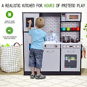 Lil' Jumbl Kids Kitchen Set, Pretend Wooden Play Kitchen, Battery Operated Icemaker, Burners, Faucet & Microwave Makes Realistic Sound & Light, Pots & Pan Included - Charcoal