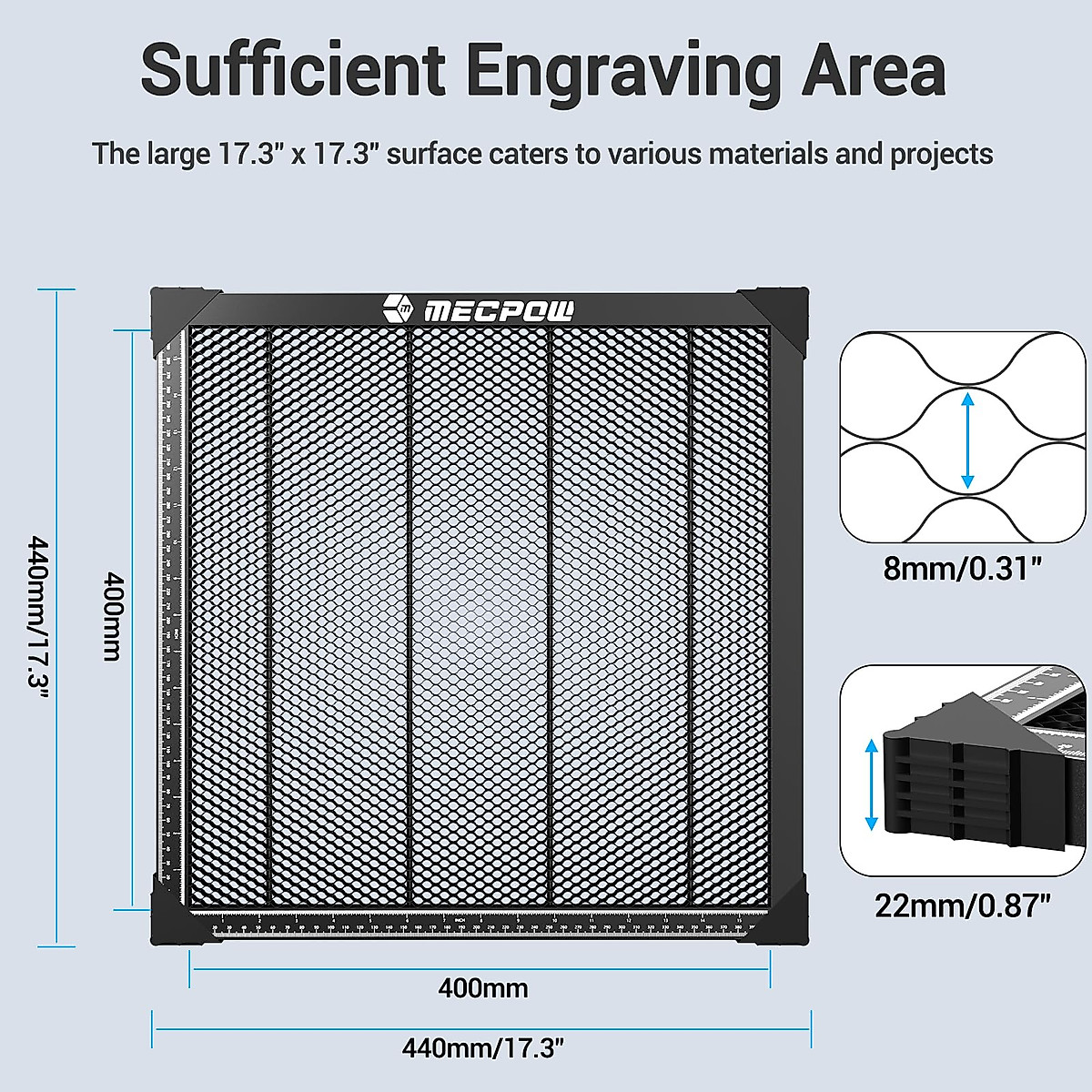 Mecpow Honeycomb Laser Bed, 440x440mm Honeycomb Working Table for Most Laser Engraver, Durable Steel Honeycomb Panel for Fast Heat Dissipation, Desktop-Protecting, 17.3''x17.3''x0.87''
