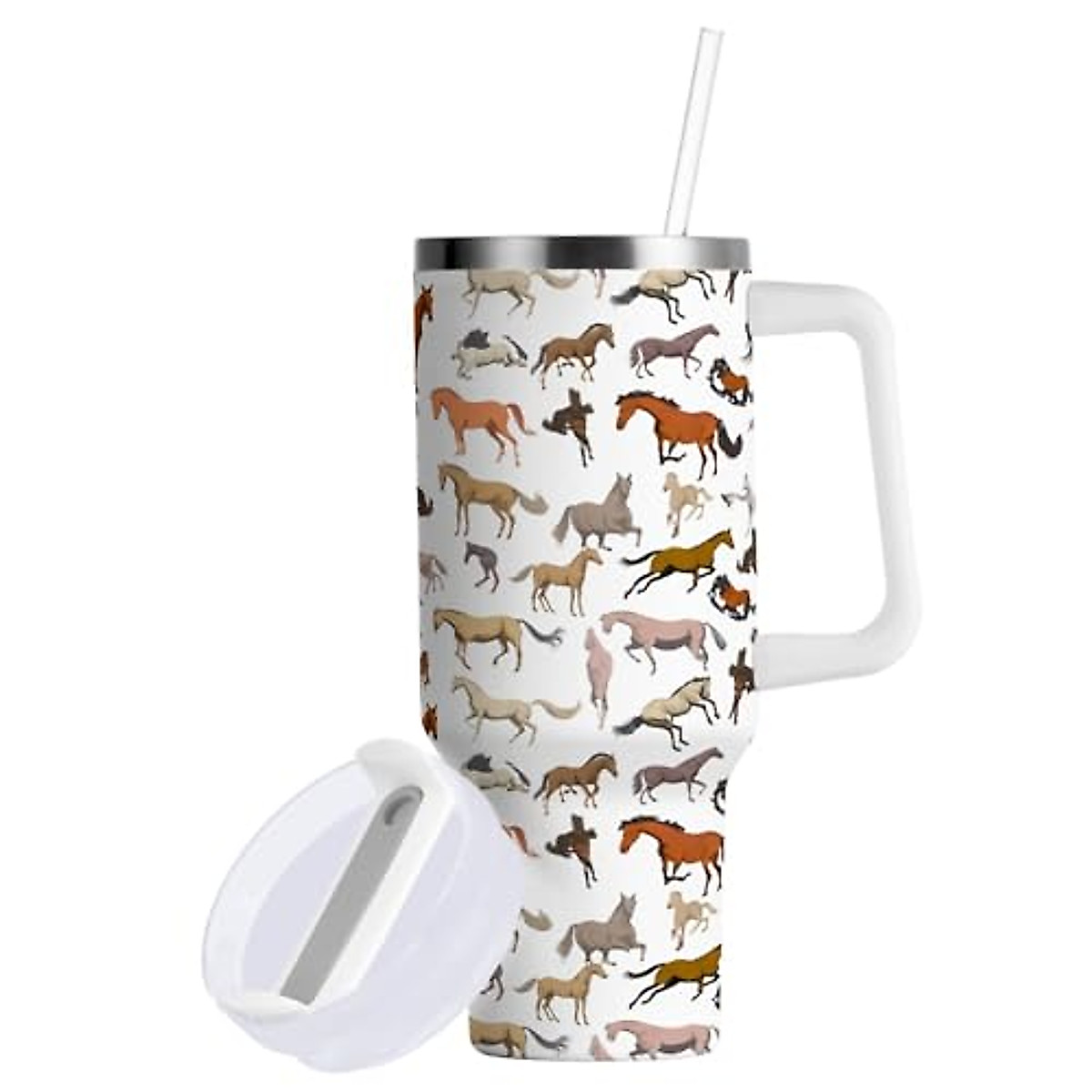 RPLIFE Horse Breeds White 40oz Tumbler with Handle, Stainless Steel Water Bottle with Straw, Tumblers for Women