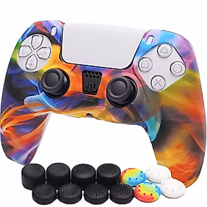 Skin Cover for Sony PS5 Dualsense Controller, Colourful Silicone Protecte Case Printing Cool Flowing Flame, with Pro Thumb Grips x 12