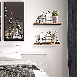 Homode Floating Shelves, Set of 2 Mountain Wall Shelves, Rustic Wood Display Storage Shelf with Metal Wire, Geometric Decor for Bathroom, Nursery, Bedroom, Office