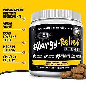Dog Allergy Relief - Dog Allergy Chews Itch Relief, Seasonal Allergy Support for Itchy Skin, with Omega 3, Pumpkin & Probiotics (120 Soft Chews)