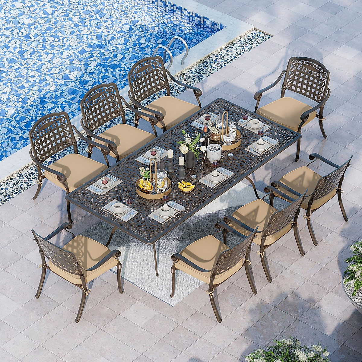 Grepatio 9 Piece Cast Aluminum Patio Furniture Set Outdoor Dining Set Bistro Furniture Set with 8 Armchairs and Dining Table, 8 Cushions for Backyard Garden Poolside (8 Grid Chairs)