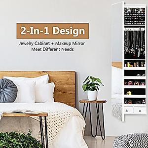 COSTWAY Mirror Jewelry Armoire, Wall Door Mounted Jewelry Organizer w/Full-length Mirror and 2 LED Lights, Lockable Large Capacity Jewelry Cabinet for Earrings, Necklaces, Bracelets (White)