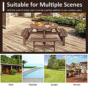 Tangkula 8 Person Wood Picnic Table, Outdoor Round Picnic Table with 4 Built-in Benches, Umbrella Hole, Outside Table and Bench Set for Garden, Backyard, Porch, Patio, 500lbs Capacity Per Bench