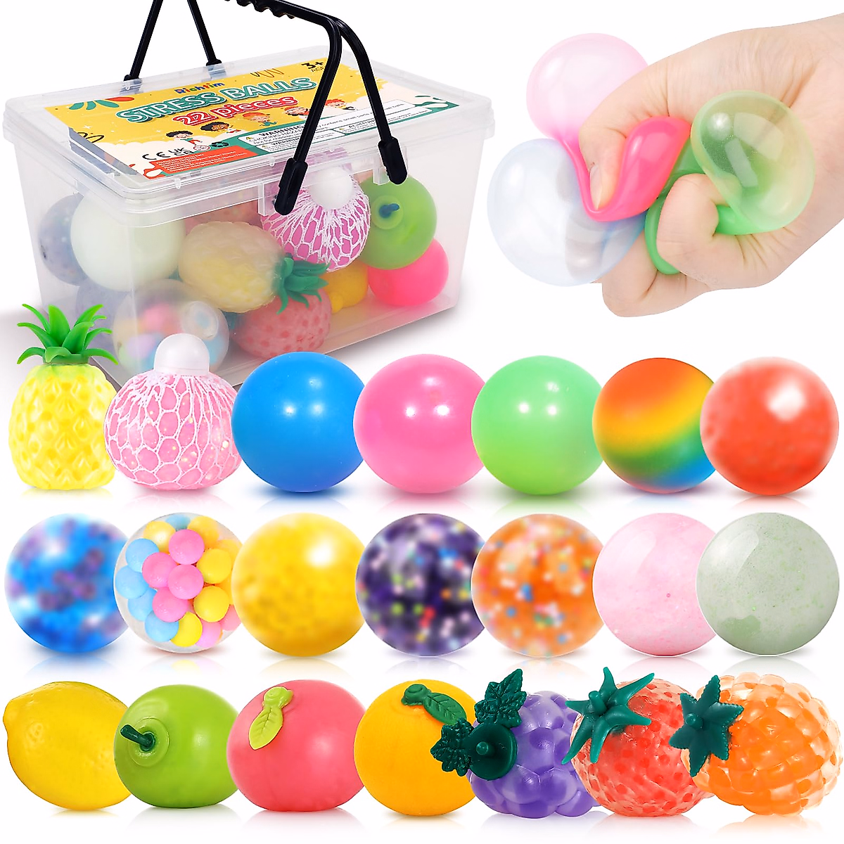 22 Pack Stress Balls Set - Fruit Sensory Toys Squishy Balls for Adults - Stress Relief Fidget Toys for Hand Thrapy, Calming Tool for Autism, Anxiety, ADHD - Party Favors, Classroom Prizes