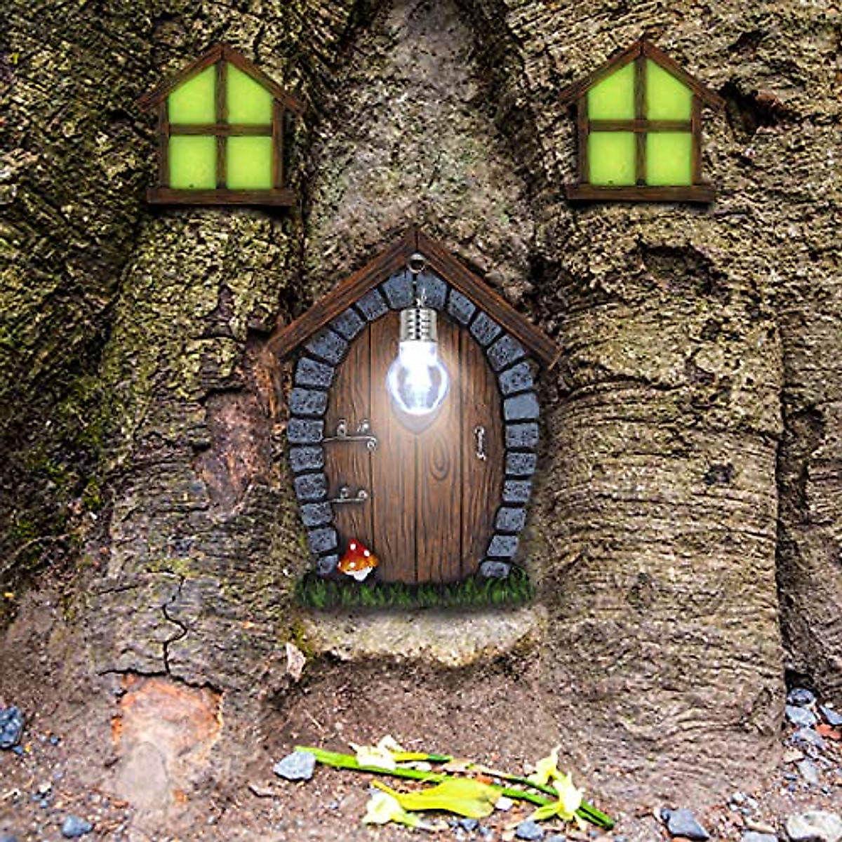 Juegoal Fairy Gnome Home Miniature Window and Door with Litter lamp for Trees Decoration, Glow in Dark Fairies Sleeping Door and Windows, Yard Art Garden Sculpture, Lawn Ornament Décor