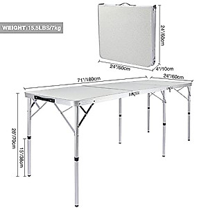 RedSwing 6 Foot Folding Camping Table, Aluminum Outdoor Tri-fold Table with Adjustable Heights Legs, 72x24 Inches, White