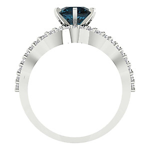 Clara Pucci 1.65ct Round Cut Laser Engraving Halo Natural London Blue Topaz Designer Statement Curved Ring Band Set 18K White Gold Size 4