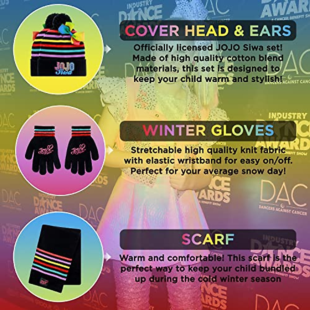 JoJo Siwa Kid’s Winter Hat, Scarf, and Snow Gloves, 3 Pc. Set, Soft and Warm Pom-Pom Beanie with Big Bow