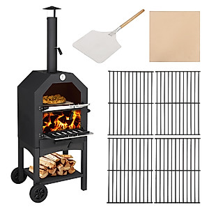 Outdoor Wood Fired Pizza Oven, Pizza Maker With Stone, Peel, Rack, Temperature Control, Built-in Thermometer, Portable on Wheels for Camping, Picnic Black