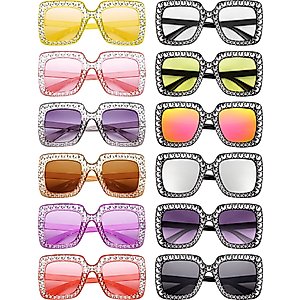 Frienda Crystal Oversized Sunglasses Square Diamond Sunglasses Rhinestone Frame Sunglasses for Women (Chic Colors,12 Pairs)