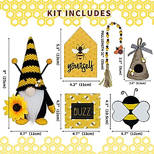 Bee Decorations, Spring Farmhouse Honey bee Tiered Tray Decor,Bumble Bee Gnome Plush,3X Bee Sign, Mini Bee Hive, Wood Bead Garland,Rustic Farmhouse Kitchen Table