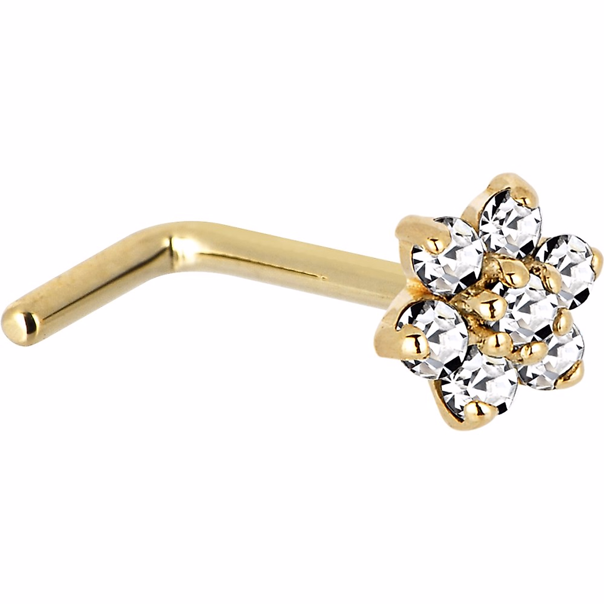 Body Candy Solid 14k Yellow Gold Clear Cubic Zirconia Flower LShaped Nose Stud Ring 18 Gauge