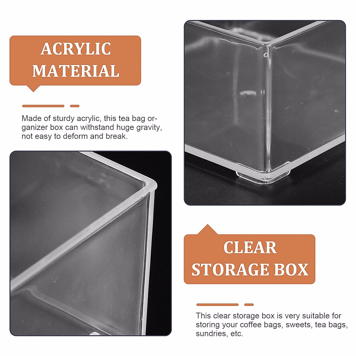 HEMOTON Tea Bag Bin Storage Organizer for Kitchen Tea Bag Organizer Desktop Acrylic Box Storage Transparent Coffee Bag Holder Sundries Box Sugar Packet Holder for Countertops Pantries, S