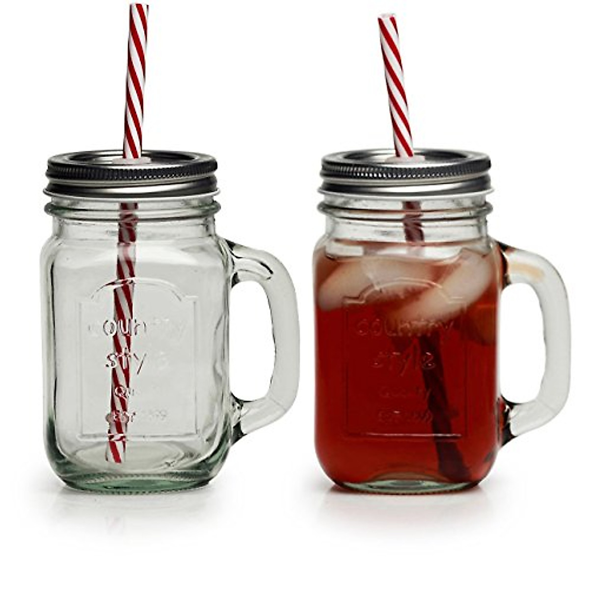 Circleware Country Glass Yorkshire Jar Drinking Handles, Metal Lids and Mason Mugs, 4 Count (Pack of 1), Hard Plastic Reusable Straws, Set of 4