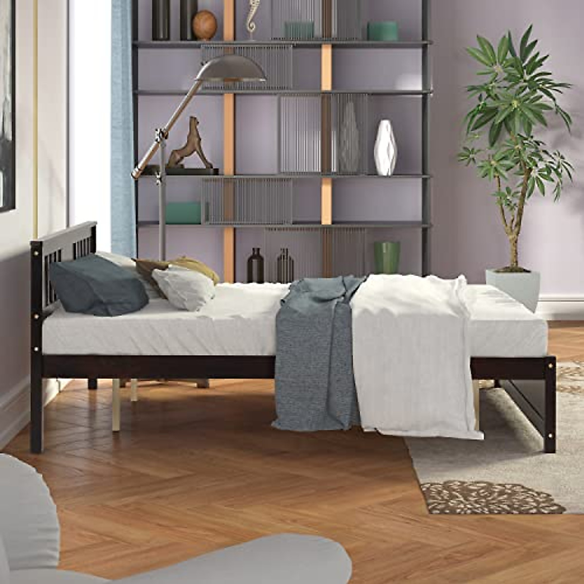 Prohon Queen Size Platform Bed Frame with Horizontal Strip Design Headboard, Strong Wooden Slat Support with Large Underbed Storage Space, Simple Style Bedframe for Kids, Teen, Adults, Espresso