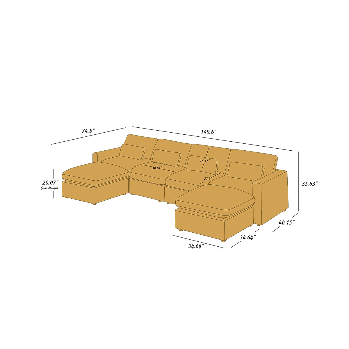 VANOMi 149" Oversized Modular Sectional Sofa, Extra Large U Shaped Couch with Reversible Chaise, 6 Seater Living Room Sofa Couch, Warm Yellow