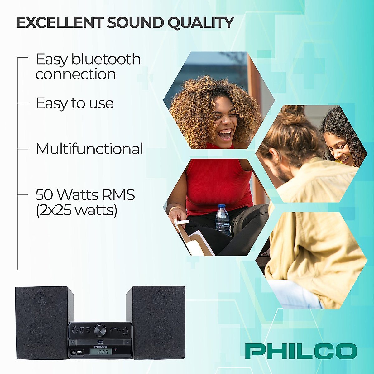 Philco Stereo Shelf Systems Tray Loading CD Player with Digital FM Radio, Bluetooth Streaming, Remote Control in Black | LCD Display | 3.5mm Headphone Jack | MP3 & AUX Port Compatible | USB Input