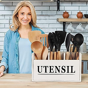 Large Rustic Kitchen Utensil Holder for Countertop, Farmhouse Wooden Utensil Holder for Kitchen Counter, 3 Compartment Rustic Cooking Utensil Holder, Kitchen Utensil Organizer Caddy for Home Decor