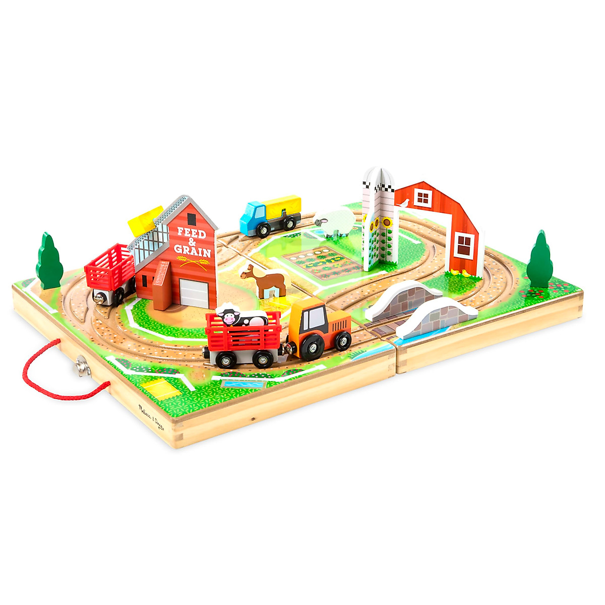 Melissa & Doug 17-Piece Wooden Tabletop Farm Playset With 4 Vehicles, Grain House & Play Pieces - Pretend Barnyard Toy For Toddlers Ages 1+