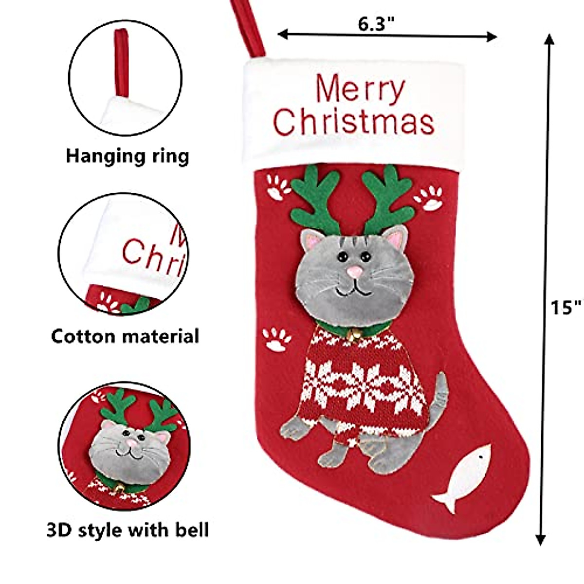 EPHVODI 2 Pack Large Christmas Stocking, 15" 3D Cat with Bell Christmas Cuff Stocking Fireplace Decorations for Family Holiday Season Party Decor