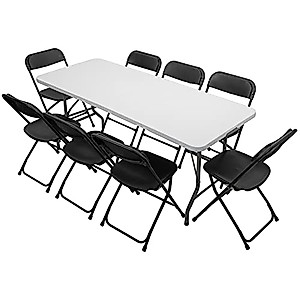 VINGLI 6 FT Plastic Folding Table Set with 8 Black Folding Chairs for Picnic, Event, Training, Outdoor Activities, at Home and Commercial Use