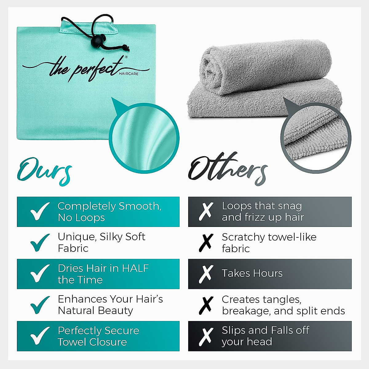 THE PERFECT HAIRCARE Curly Hair Girls Microfiber Plopping Towel Set - Anti-frizz Silky Smooth Hair Drying Wrap for Women - Super Absorbent Large Hair Towel + 2 Scrunching Towels to Micro Plop