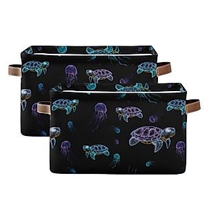Cute Turtles Jelly Fish Storage Basket Bins Collapsible Toy Storage Bins with Handles Laundry Baskets for Living Room Clothes Nursery Closet Shelf Playroom,2 pcs
