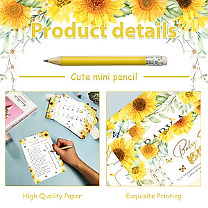 145 Pieces Sunflower Baby Girl Shower Game Set 5 Games 25 Sheets of Each with 20 Pencils Floral Baby Shower Games & Activities for Girl Includes Baby Descriptions and Wishes, Guess Who, Bingo Game