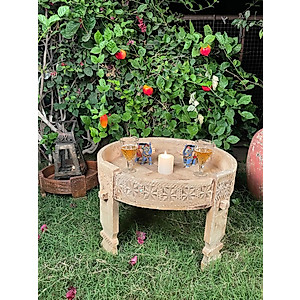 Wooden Indian Natural Carved Chakki Table/Coffee Table/Round Rajasthani Desrt Dinner Table/Side Table/Lamp Holder Table/Candle Holder Table