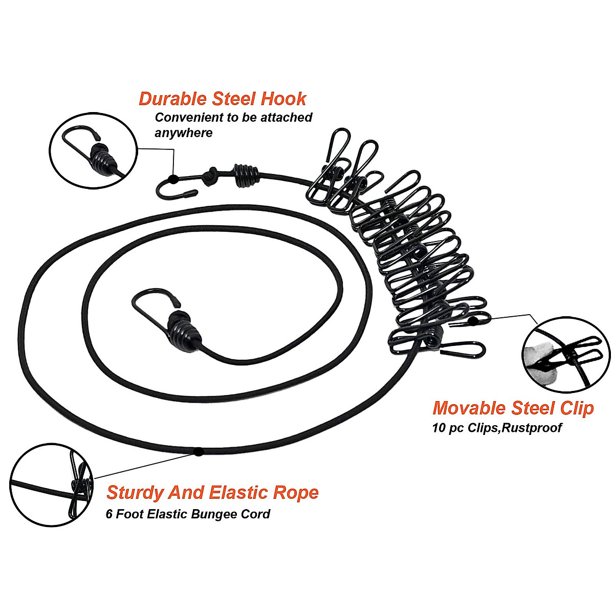 Home-X Portable Travel Bungee Clothesline 10pcs Clothespin, Travel Elastic Clothesline Camping Clothes Lines Adjustable Clothes Rope Portable Clothesline with Clips for Outdoor Wind-Proof Clothesline