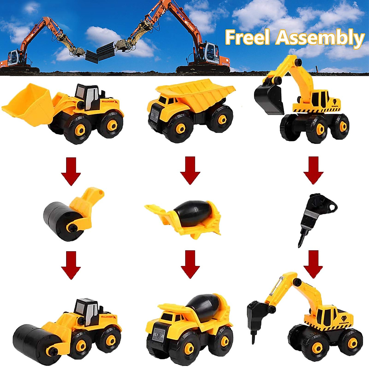 TEUVO Construction Take Apart Toys with Electric Drill, Building Excavator Toy STEM Trucks Vehicle Construction Vehicles for Kids, Educational Learning Gifts for Ages 3+ Boys & Girls
