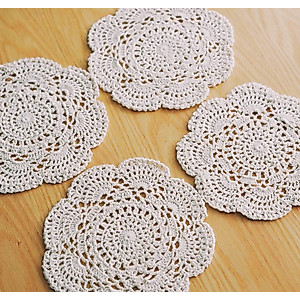 Phantomon 8 Inch Doilies Crochet Round Lace Doily Handmade Placemats 100% Cotton Crocheted Coasters, Pack of 4 (Beige)