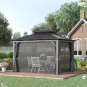 Outsunny 10' x 12' Hardtop Gazebo Canopy with Galvanized Steel Double Roof, Aluminum Frame, Permanent Pavilion Outdoor Gazebo with Netting and Curtains for Patio, Garden, Backyard, Deck, Lawn, Gray