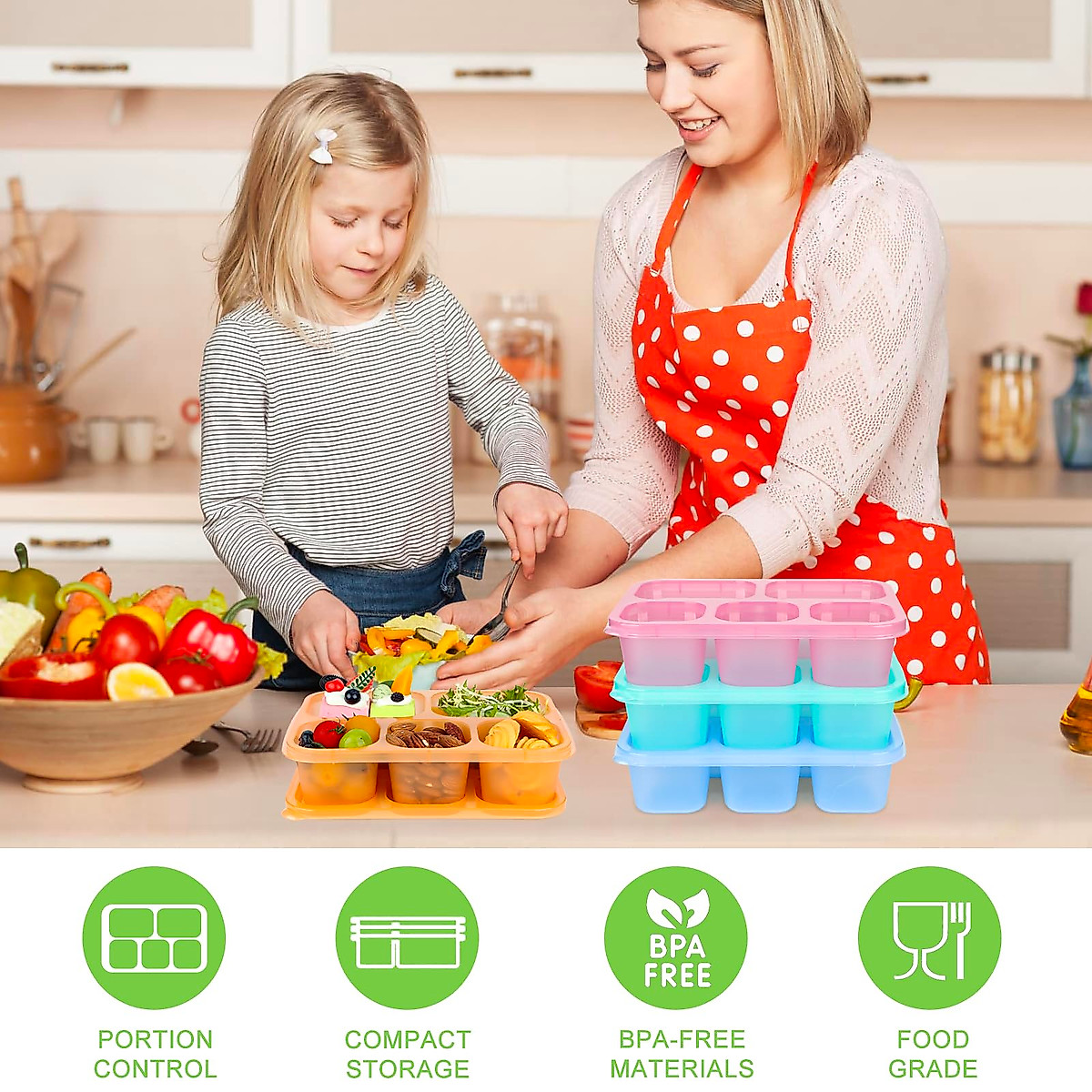 Lunbxx Bento Lunch Boxes - Reusable 5-Compartment Food Lunchables Containers, Snack Boxes For Adults Container for School, Work, and Travel, Set of 4 (Pastels)