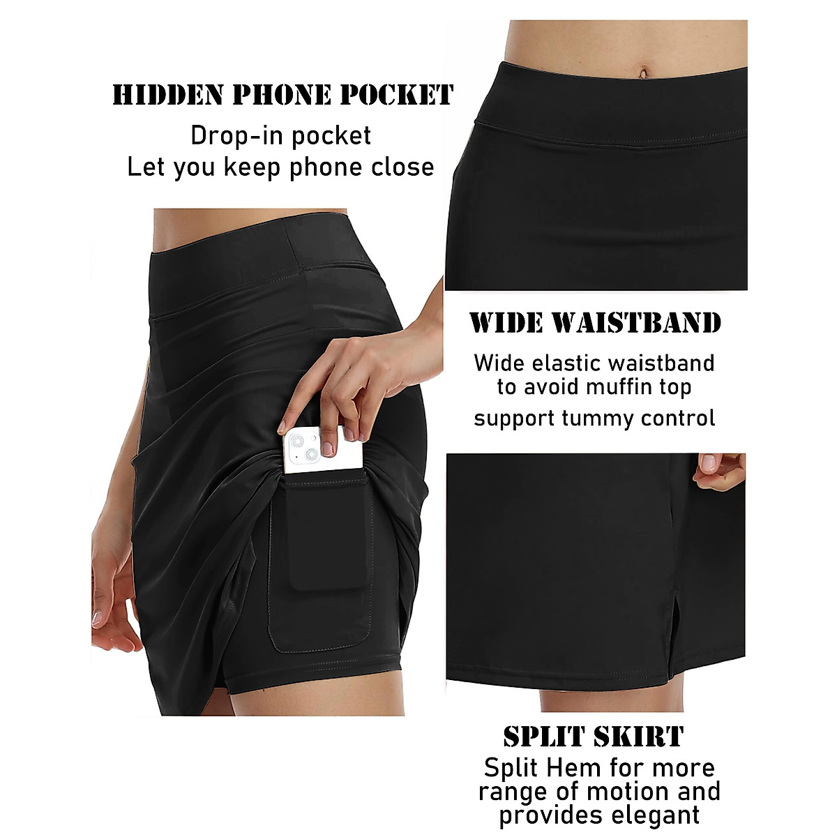 COOrun Womens 20" Knee Length Skorts Skirts Modest Long Golf Skirt Lightweight Tennis Athletic Skorts with Pockets UV Protection,Black XXL