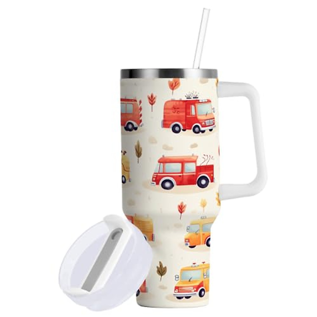 ARGTILDN 40 oz Tumbler Cartoon Fire Trucks Insulated Travel Mug with Handle and Straw Lid Stainless Steel Vacuum Coffee Cup Tea Beverage Container Water Bottles for Car Sports office