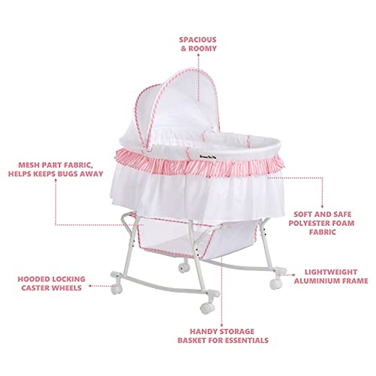 Dream On Me Lacy Portable 2-in-1 Bassinet & Cradle in Pink and White, Lightweight Baby Bassinet with Storage Basket, Adjustable and Removable Canopy