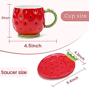 Noviko Ceramic Tea Cup and Saucer Coffee Mug Strawberry Coffee Cup with Saucer - 8 Ounce (Red)