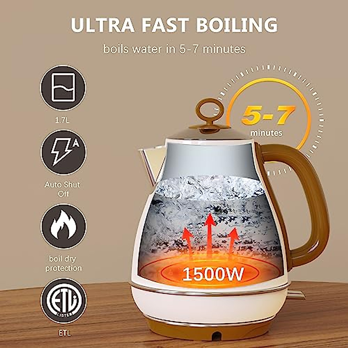 Evoloop 1.7L Electric Kettles, BPA Free Tea Kettle, Hot Water Boiler Heater, Stainless Steel Teapot, Auto Shut-Off & Boil-Dry Protection, 120V/1500W