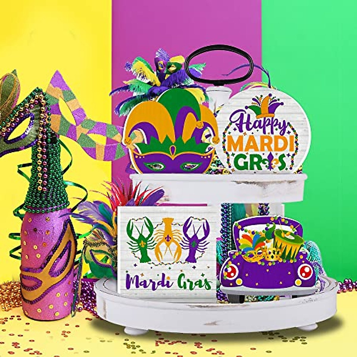 4 PCS Mardi Gras Tiered Tray Decor (Tray Not Included) - Mardi Gras Wooden Sign Decorations Crown Mask Truck Wood Table Signs New Orleans Carnival Holiday Masquerade Party Decor for Home Kitchen