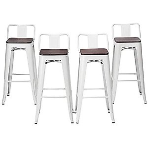 HAOBO Home Modern Industrial Metal Bar Stool Counter Height Stools [Set of 4] Stackable Dining Chair (24", Low Back White Wooden Seat)