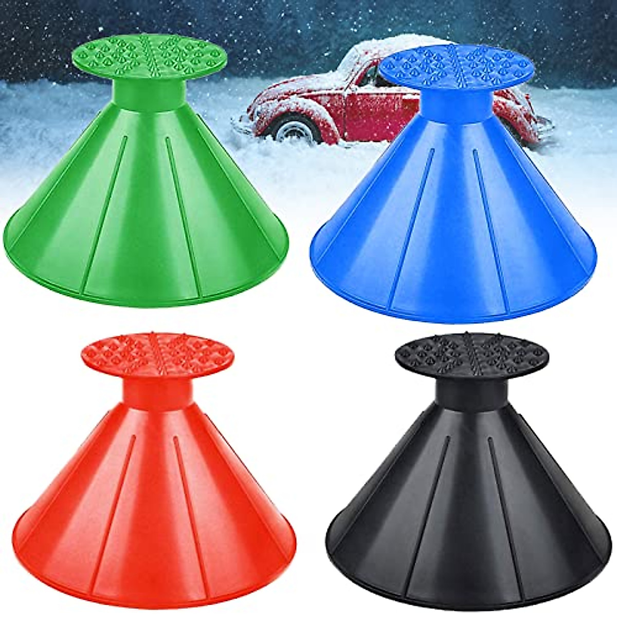 Milukon Magical Car Ice Scraper, 4 Packs Ice Scrapers for Car Windshield Round Cone Ice Scrapers 2 in 1 Multifunctional Snow Brush Magical Ice Scrapers with Funnel Car Snow Removal Shovel Tool