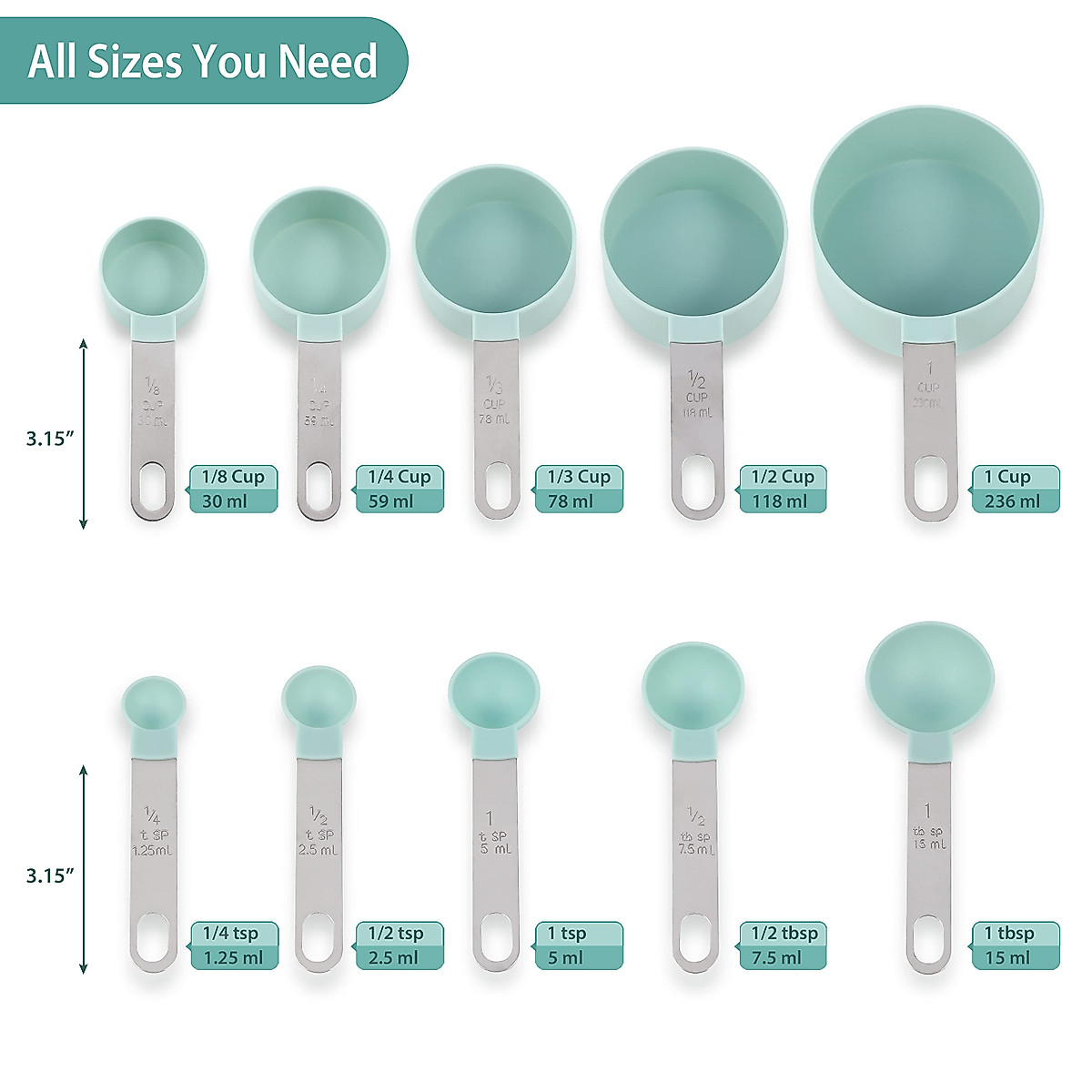 Measuring Cups and Spoons Set of 10 Pieces，Nesting Measure Cups with Stainless Steel Handle，for Dry and Liquid Ingredient （lake blue）