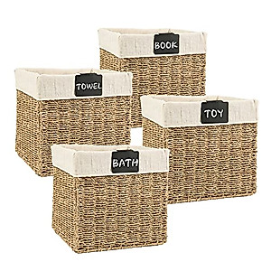 Fragranthetic Rectangular Wicker Baskets for Shelves, Seagrass Hand-Woven Baskets with Linings with Name tags, 12 x 12 x 12 inches, 4-Pack