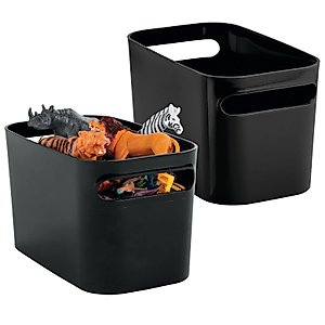 mDesign Plastic Toy Box Storage Organizer Tote Bin with Handles for Child/Kids Bedroom, Toy Room, Playroom - Holds Action Figures, Crayons, Building Blocks, Puzzles, Crafts - 10" Long, 2 Pack - Black